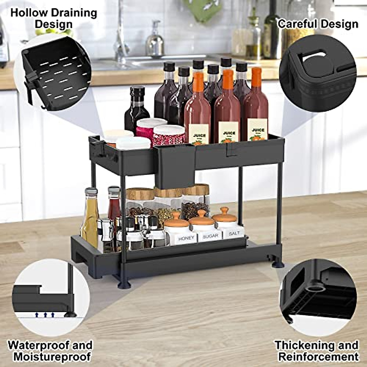 SODPE Bathroom Cabinet Organizer, 2 Tier Under Sink Organizer, Sliding Kitchen Basket Organizer Drawer, Multi-purpose Storage Shelf for Kitchen Countertop and Cabinet with Hooks, Hanging Cup, Divider