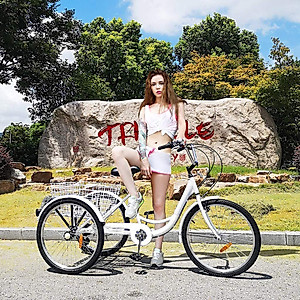 Adult Tricycle Bike 1/7 Speed 3-Wheel for Shopping W/Installation Tools Three-Wheeled Bicycle for Men and Women (White)