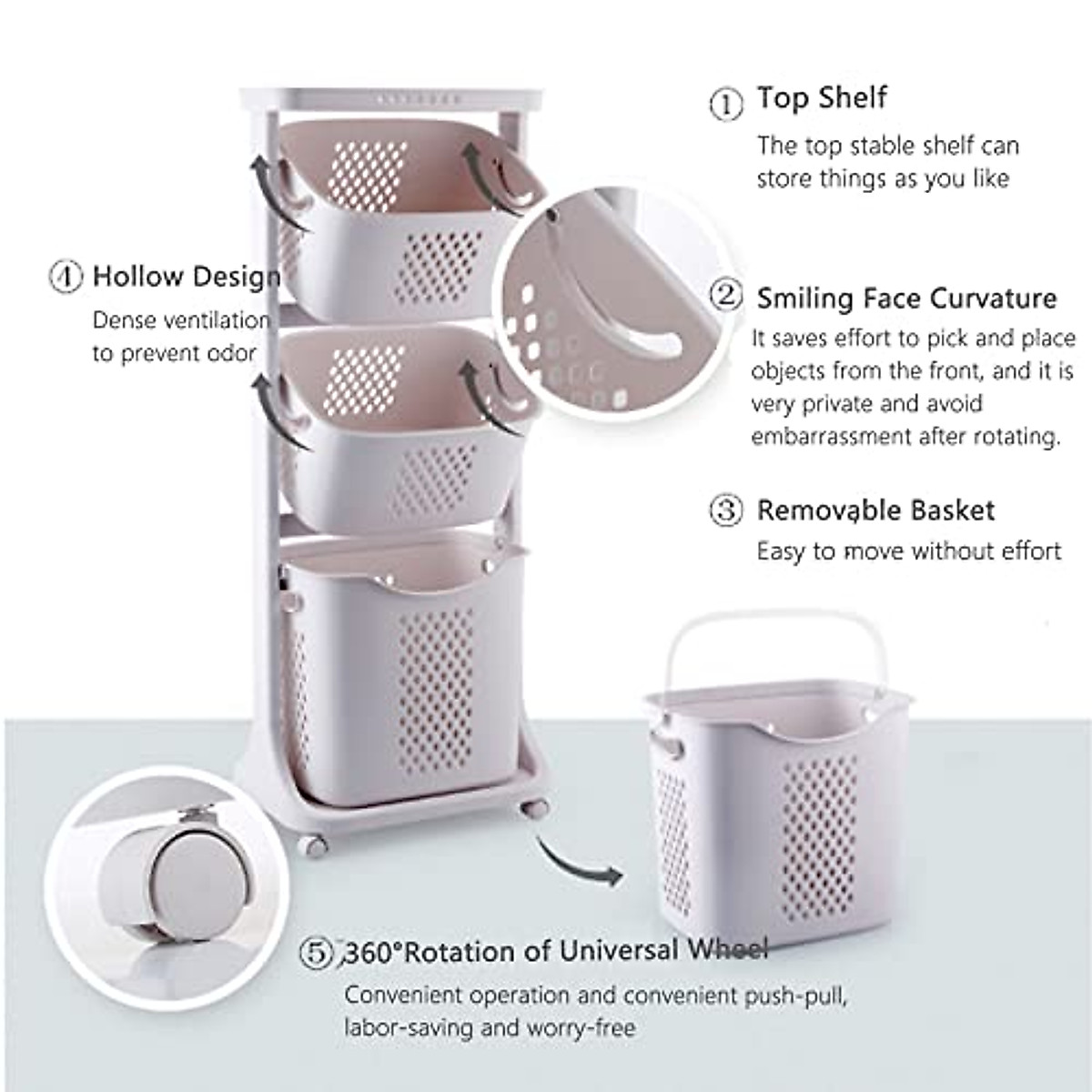 3 Tier Laundry Basket PP Material Laundry Basket with Wheels Laundry Basket Shelf with Two Kinds of Handles Clothes Baskets for Kitchen Bedroom Laundry Room Bathroom
