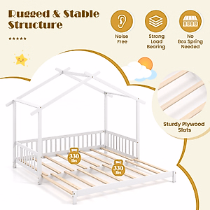 Giantex Wood House Bed for Kids, Twin to King Extendable Daybed with Roof & Fence Rails, Kids Bed for Teens, Boys & Girls, Twin Floor Day Bed, No Box Spring Needed, White