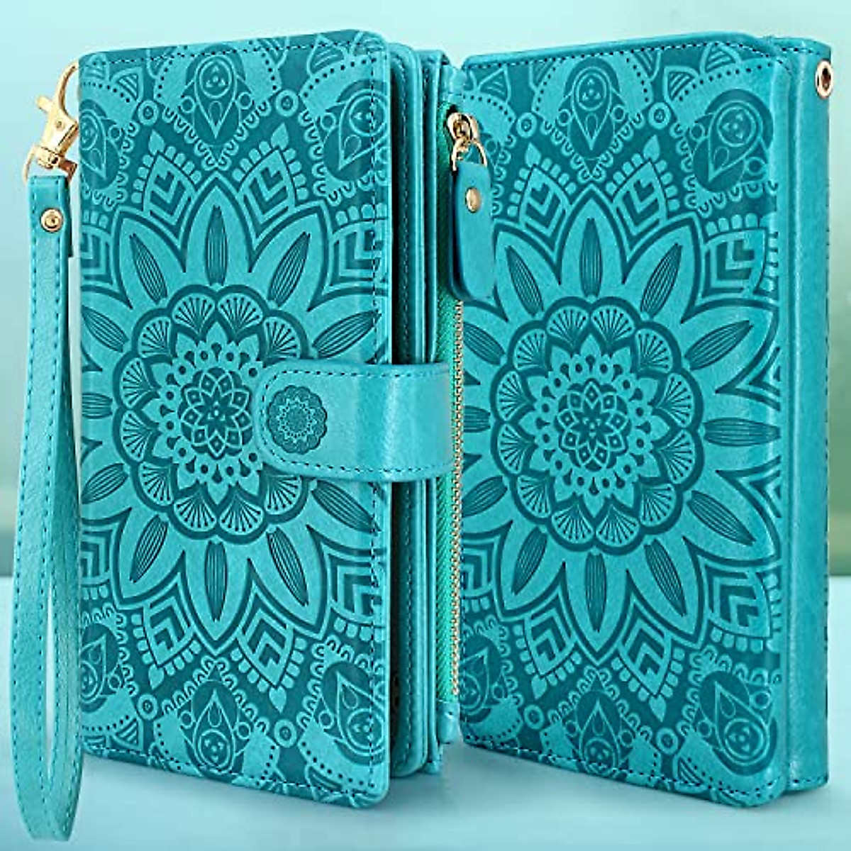 Harryshell Detachable Magnetic Zipper Wallet Leather Case with Cash Coin Pocket 12 Card Slots Holder Wrist Strap Lanyard for Motorola Moto G Pure/Moto G Power 2022 Flower (Blue Green)