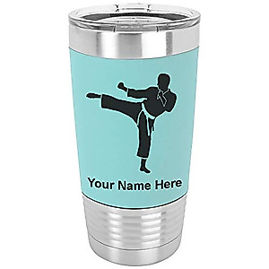 LaserGram 20oz Vacuum Insulated Tumbler Mug, Karate Man, Personalized Engraving Included (Silicone Grip, Teal)