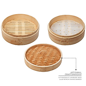 Maison Lune New Bamboo Steamer 10 inch - Includes 2 pairs of Chopsticks, Liners 20 pieces, Steamer Basket for Cooking Dumpling, Dim Sum, Bao Bun, Vegetable