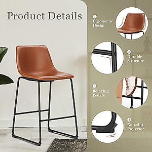 DUMOS 26 Inch Counter Height Bar Stools Set of 2, Modern Faux Leather High Barstools with Back and Metal Leg, Bar Chairs for Kitchen lsland, Brown