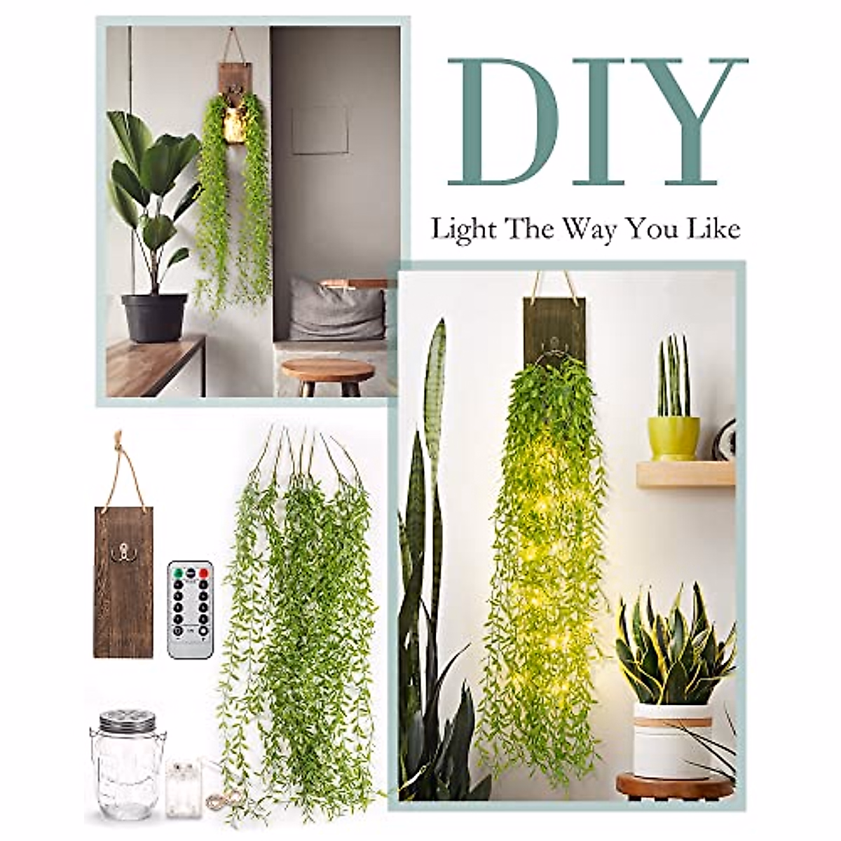 Mason Jar Sconces Wall Decor Set of 2 with LED Fairy Lights, Rustic Wall Sconces with 8 Modes Remote Control & 14 Artificial Willow Branches, Farmhouse Leaves Plants Decor for Living Room Bedroom DIY