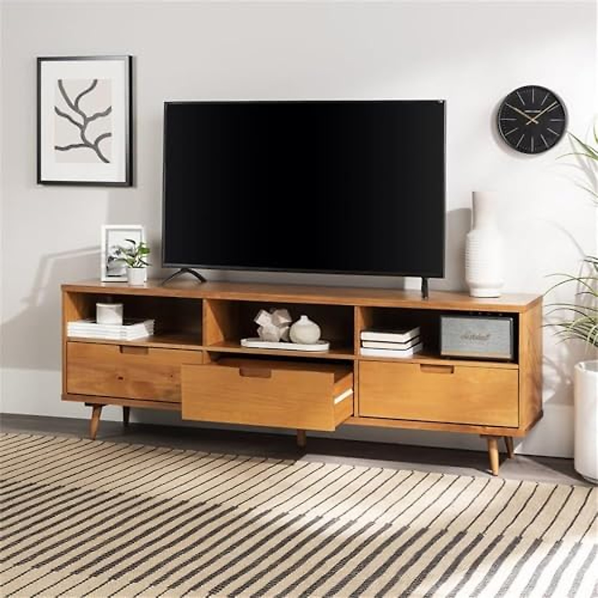 Walker Edison Millie Mid Century Modern 3 Drawer Solid Wood Low Stand for TVs up to 80 Inches, 70 Inch, Caramel