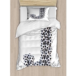 Ambesonne Letter J Duvet Cover Set, Soccer Balls in The Form of a Letter Futboll Alphabet Theme Teamplay Sports, Decorative 2 Piece Bedding Set with 1 Pillow Sham, Twin Size, Black Off White