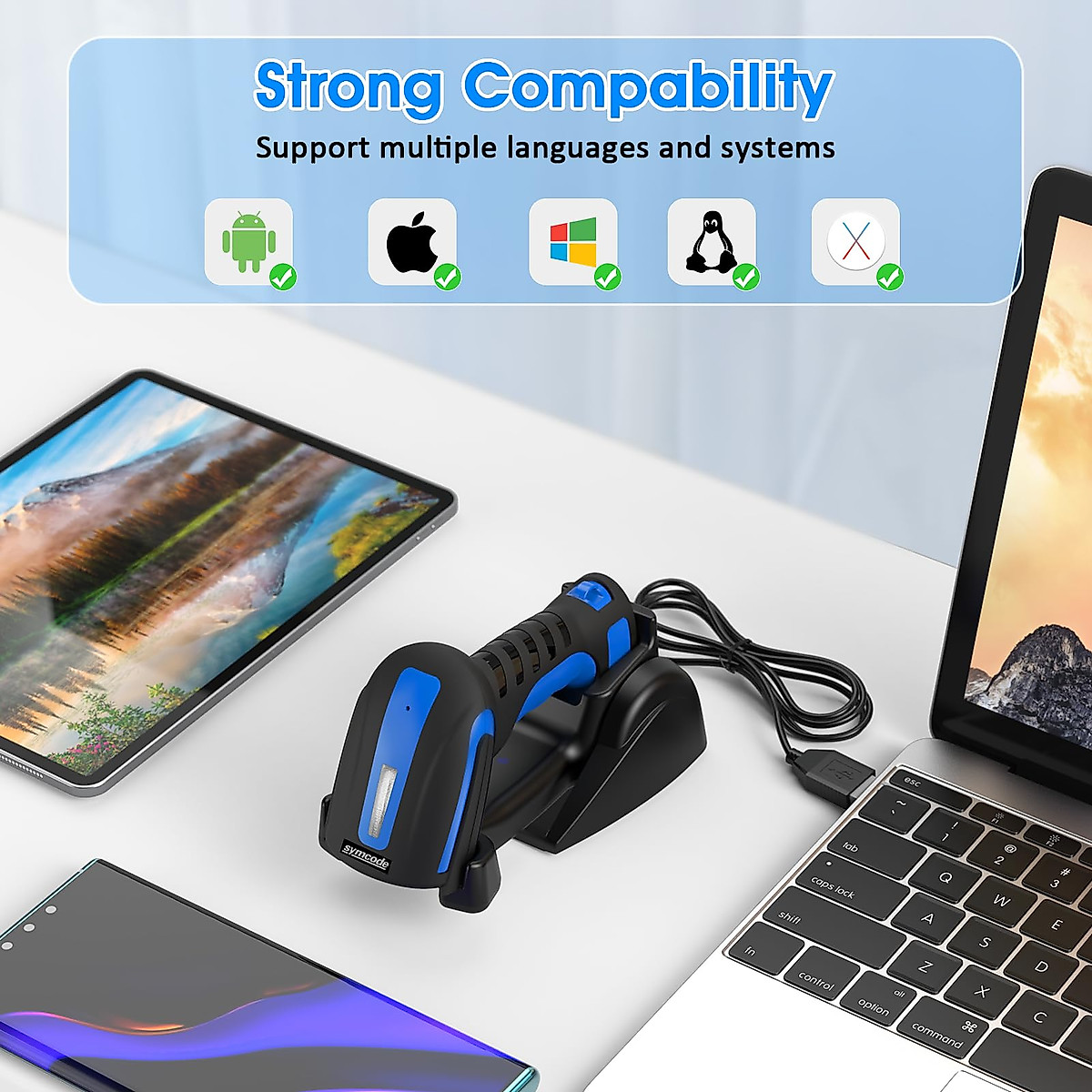 Symcode 2D Bluetooth Barcode Scanner with Wireless Charging Stand, 1968 Feet Transmission Distance 433Mhz Wireless & Bluetooth Barcode Reader, Shock Dust Proof Hands Free Bar Code Scanner Blue