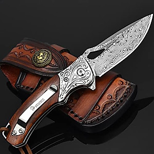 NedFoss Damascus Pocket Knife for Men, Handmade Forged VG10 Damascus Steel Blade Folding Knife with Retro Leather Sheath, Wood Handle, Pocket Clip, Liner Lock, Excellent Gifts for Men (Pattern Bloster)