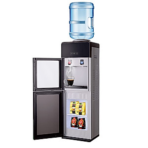 Top-Loading Hot & Cold Water Cooler Dispenser for 3-5 Gallon Bottles, Luxury Design Water Dispenser with Storage Cabinet & Glass Door for Home Office School Use, Grey Color