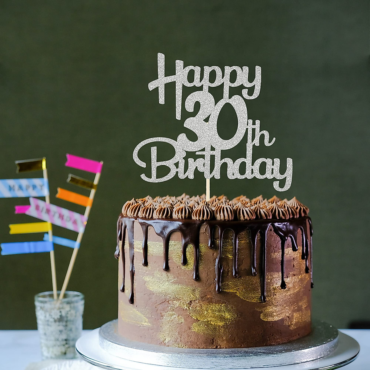 Sotpot Happy 30th Birthday Cake Topper Silver Glitter 30th Cake Toppers 30 Birthday Cake Decorations Cheers to 30 Fabulous Party Cake Picks - 1 Pack