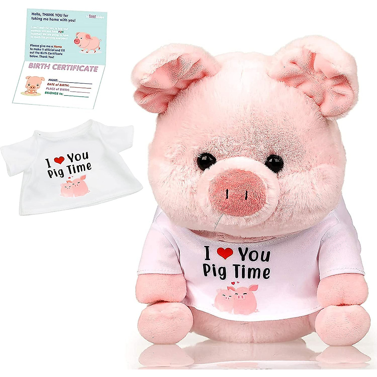 infloatables Pig Stuffed Animal, 12 Inches Pig Plush, Pink Stuffed Pig, Cute Pig Toy for Girls & Boys with I Love You Shirt, Stuffed Pig with Customizable Birth Certificate, Cuddly Piggy Plush