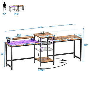 Unikito Double Computer Desk with LED Strip and Power Outlet, 2 Person Desk with Monitor Stand and Storage, Ergonomic Computer Desk with Printer Stand for Home Office, Long Gaming desk, Rustic Brown