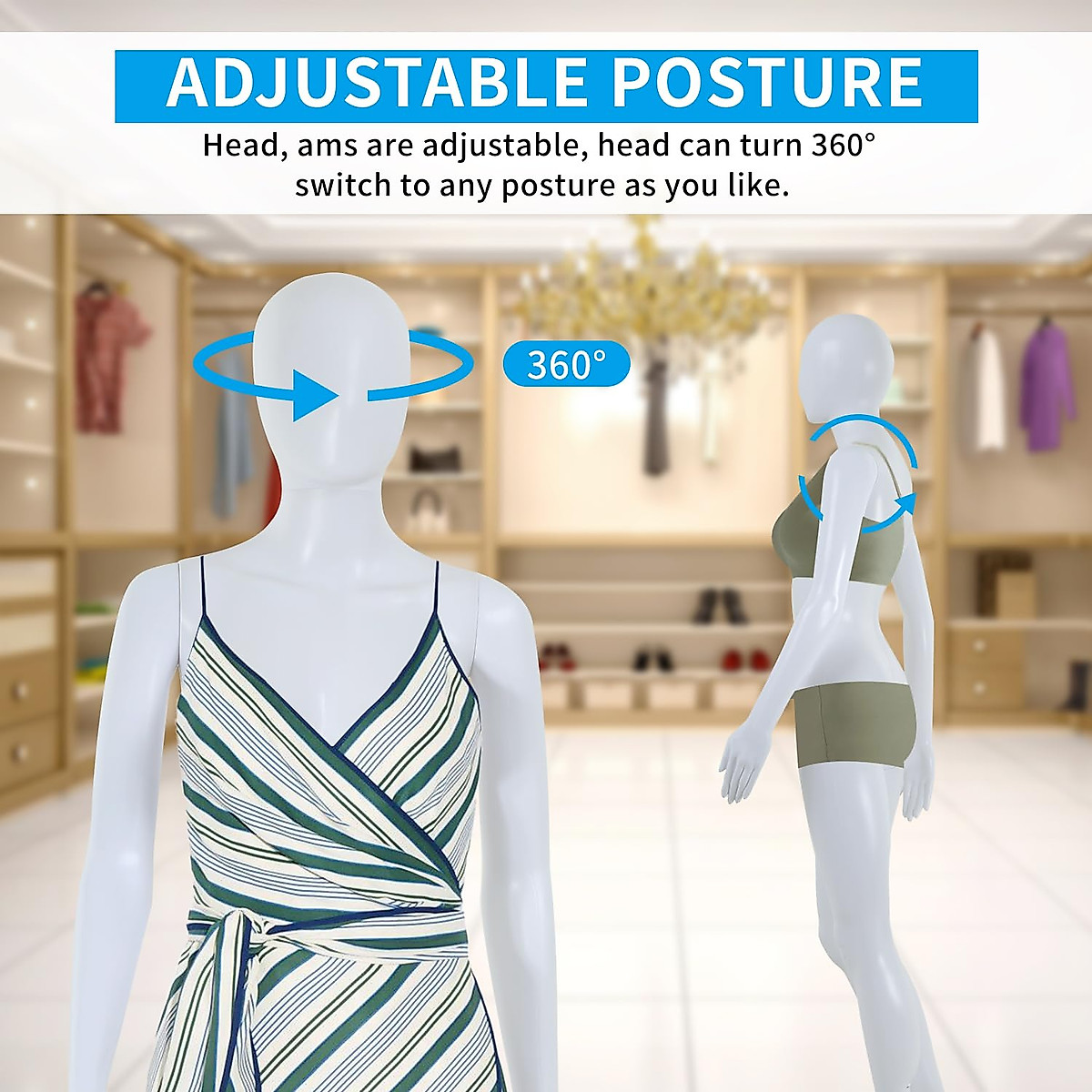 Female Mannequin Full Body Dress Form Sewing Dress Model Stand Adjustable Dress Mannequin 69" Detachable Manikin Body Display Head Rotation Manikin Torso Stand w/ Metal Base, White
