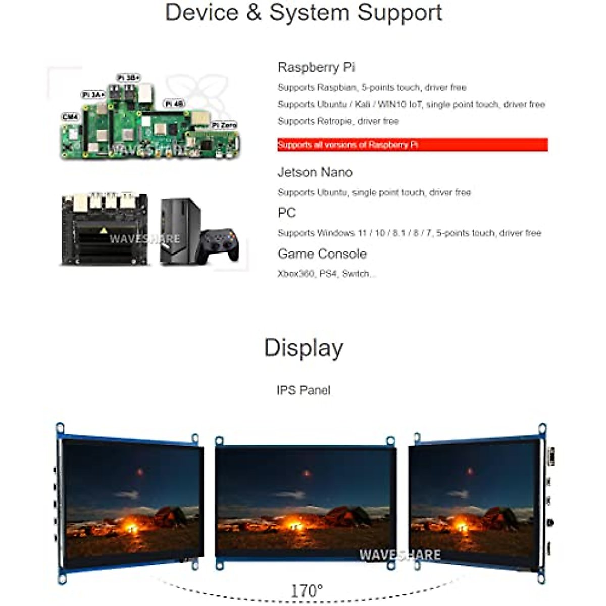 Waveshare 7inch Capacitive Touch Screen LCD Compatible with Raspberry Pi 5/4B/3B+/3A+/2B/B+/A+/Zero/Zero W/WH/Zero 2W CM3+/4 Series Boards 1024×600 Resolution HDMI IPS Supports Windows