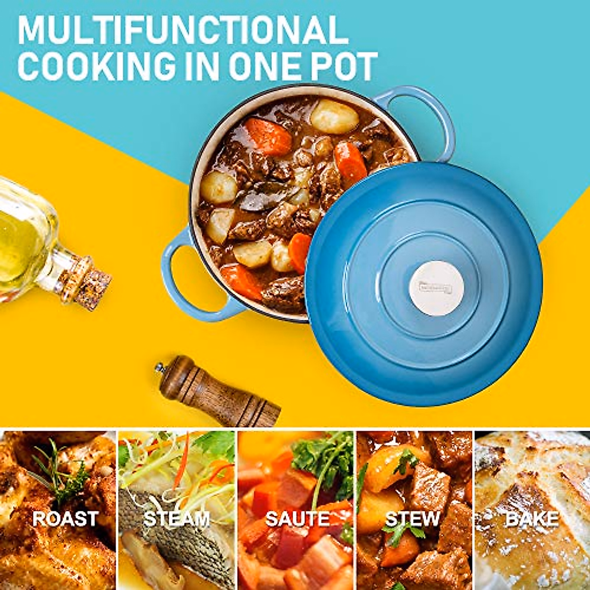 MICHELANGELO Dutch Oven, Enamel Cast Iron Dutch Oven With Lid, 4Qt Cast Iron Dutch Oven Pot, Enameled Dutch Oven 4 Quart With Silicone Handles & Mat, Blue