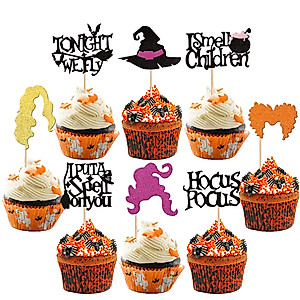 32 PCS Hocus Pocus Cupcake Toppers Glitter Witch Hair Hat I Put A Spell on You I Smell Children Halloween Cupcake Picks for Halloween Hocus Pocus Theme Birthday Party Cake Decorations