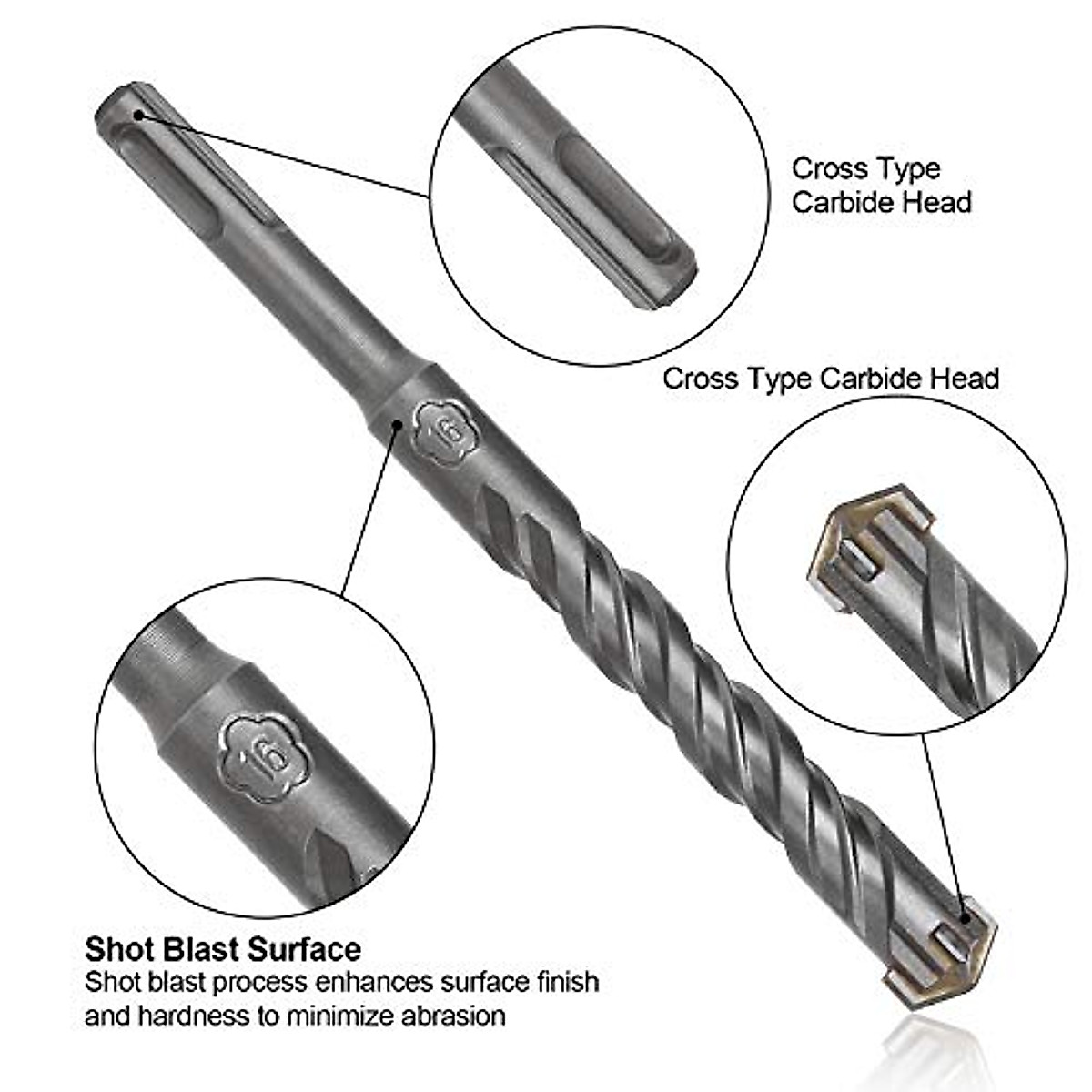 APACALI 9 Piece SDS Plus Masonry Drill Bit Set 3/16" - 5/8" Carbide Tip Rotary Hammer Drill Bits with 3/8 inch SDS-Plus Shank for Brick, Masonry, Concrete, Rock, Ceramic Tile, Cement