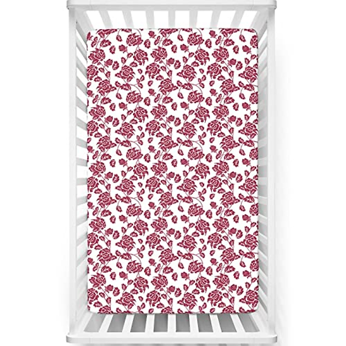 Rose Themed Fitted Mini Crib Sheets,Portable Mini Crib Sheets Ultra Soft Material-Crib Mattress Sheet or Toddler Bed Sheet,24“ x38“,Pale Maroon White