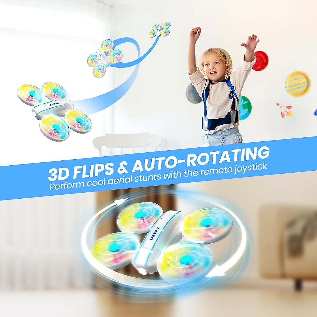 DEERC Mini Drone for Kids, D33 LED Remote Control Drone with 2 Batteries, Kids Drone with Auto Hovering, Headless Mode, 3D Flips and Throw to Go, Great Gift Toys for Boys Indoor Drone