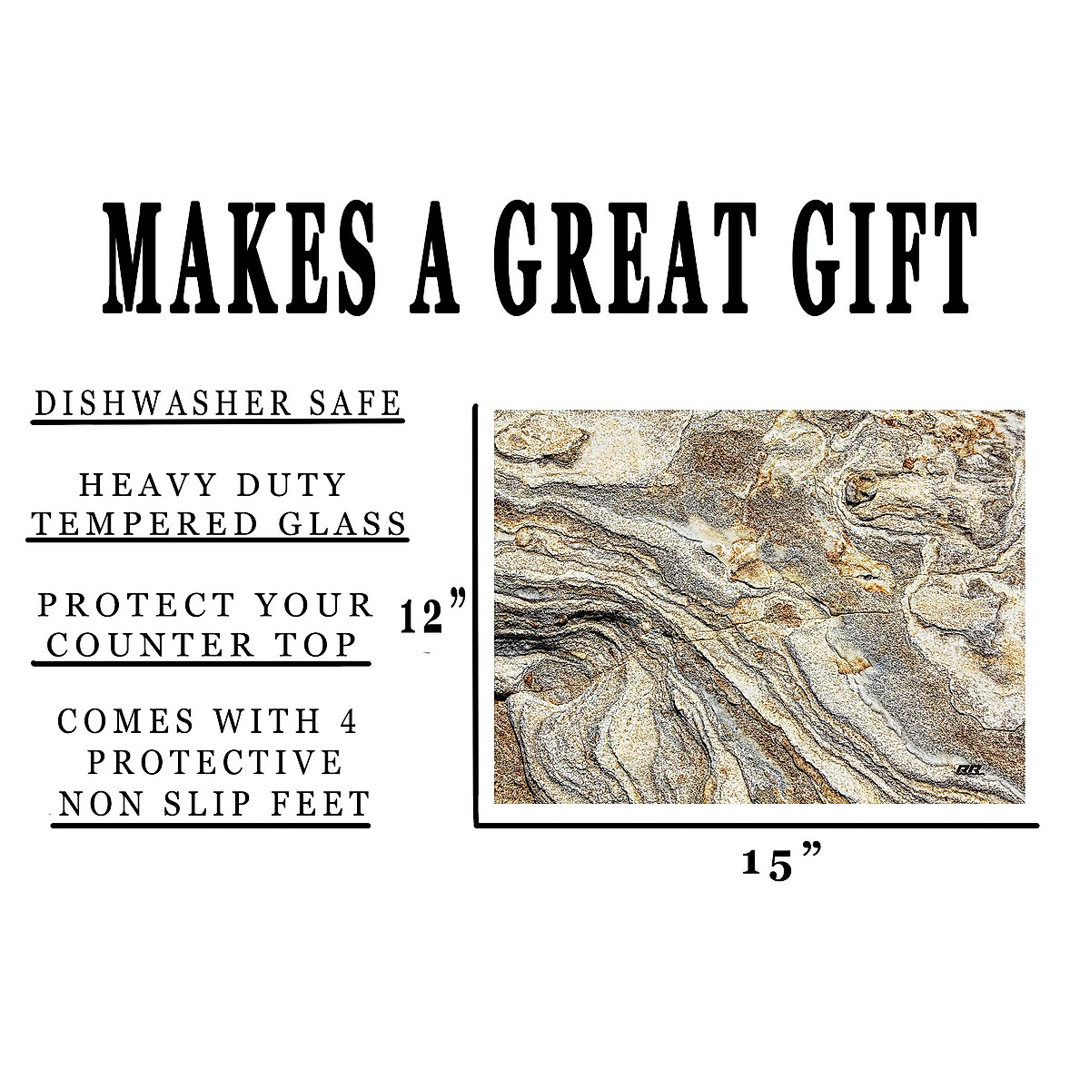 Rogue River Tactical Light Granite Stone Marble Gray Brown White Pattern Textured Marble Art Kitchen Glass Cutting Board Modern Decorative Gift Abstract Wavy Contrast Design