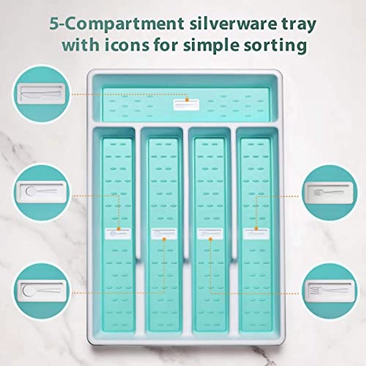 Joequality Silverware Organizer with Icons，Plastic Cutlery silverware Tray for Drawer，Utensil Flatware Tableware Organizer for Kitchen with Non-slip TPR,Fits Standard Drawer,5-Compartment，Mint