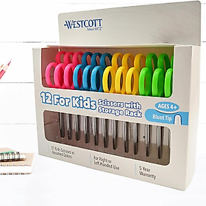 Westcott 13140 Right- and Left-Handed Scissors, Kids' Scissors, Ages 4-8, 5-Inch Blunt Tip, Assorted, 12 Pack