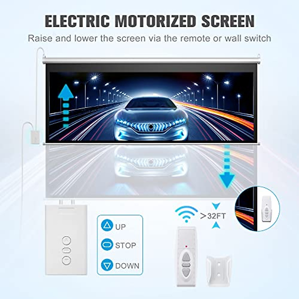 Powerextra 100 Inch Motorized Projector Screen with Wireless Remote Control 16:9 4K HD Wall/Ceiling Mounted Electric Movie Screen for Home Theater Presentation Education Outdoor Indoor