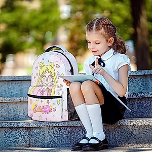 SKTYBDC Cute Anime Backpack, 5Pc Cartoon Backpack with Lunch Box, Button Pins, Keychain, Stickers, Casual Daypack Travel Bag 17in (dream)