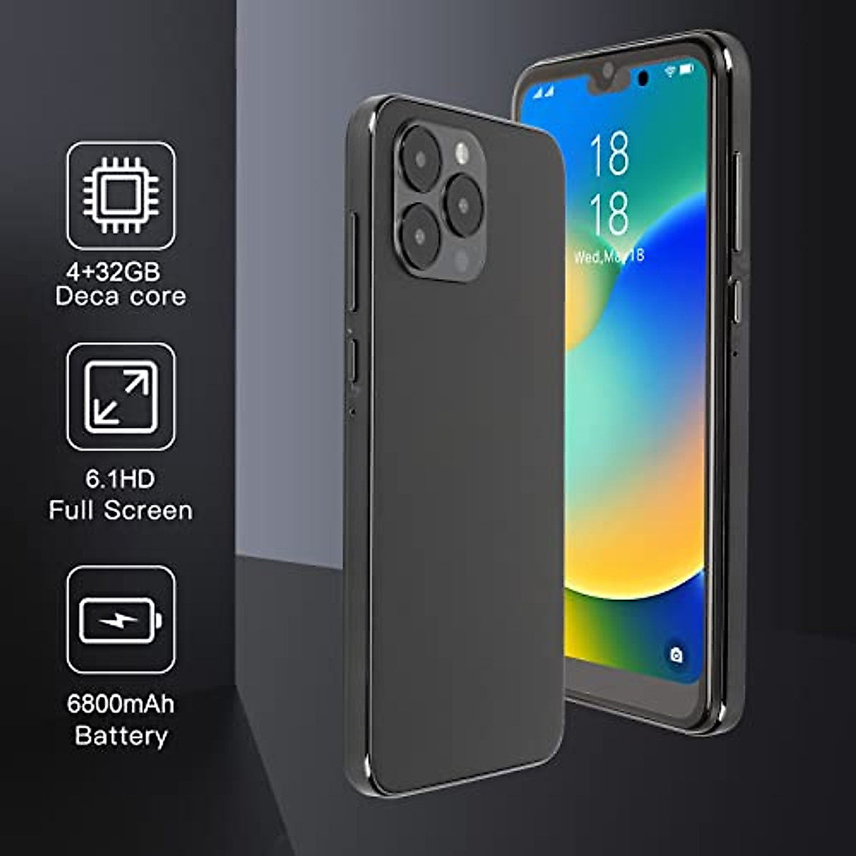 Syrisora I14 Pro Max Phone 6.1 Inch for Android 11 Unlocked Cell Phone 4GB 32GB 6800mAh 1440x3200 Front 8MP Rear 16MP 100‑240V Black(#2)