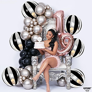 Big, 22 Inch Black and Silver Balloons - Pack of 6, Black and Silver Party Decorations | 360 Degree 4D Stripe Black Silver Balloons | Silver and Black Balloons for Black and White Party Decorations