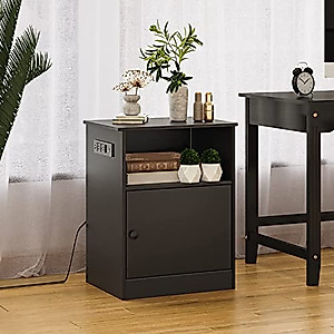 EPHEX Set of 2 End Table with USB Ports & Power Outlets, Black Nightstand with Charging Station, Side Table with Storage Cabinet for Home Office