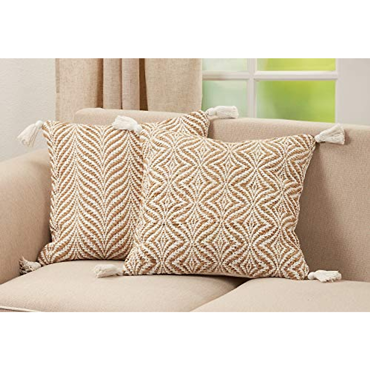 SARO LIFESTYLE Aziza Collection Jute Woven Down-Filled Throw Pillow with Wavy Design, 20", Natural