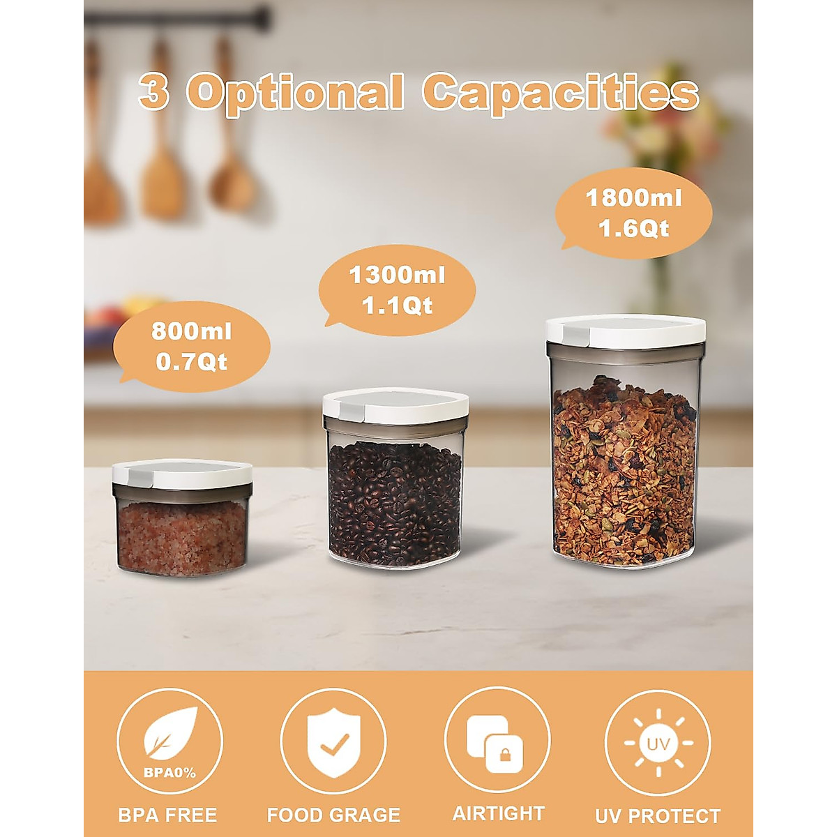 LANGMINGDE Airtight Food Storage Containers with Lid, 0.7QT/800ML BPA Free Plastic Kitchen Canister for Ground Coffee, Spices, Herbs, Candy, Snacks