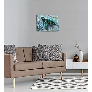 Arjun Bathroom Decor Teal Canvas Green Sea Turtle Wall Art Prints Submarine Picture One Panel 16"x12" Blue Sea-Plant Modern Landscape Painting Framed for Living Room Bedroom Home Office Spa Wall Decor