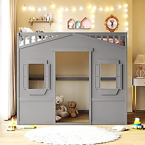 DNYN Full Size House Loft Bed for Kids Bedroom,Solid Wood Bedframe with Ladder & Safety Guardrail,Underneath Play-House Design & No Box Spring Needed,Easy Assembly,77.5" x 57.8" x 65", Gray