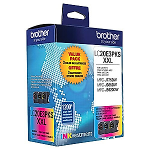 Brother Genuine High Yield Color Ink Cartridge, 3 Pack of LC20E, Replacement Color Ink Three Pack, Includes 1 Cartridge Each of Cyan, Magenta & Yellow, Page Yield Up to 1200 Pages/Cartridge, LC20E