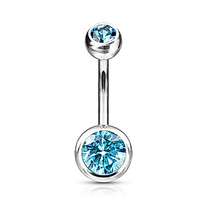 Forbidden Body Jewelry 14g Titanium Double Jeweled Aqua Blue CZ Crystal Belly Button Ring