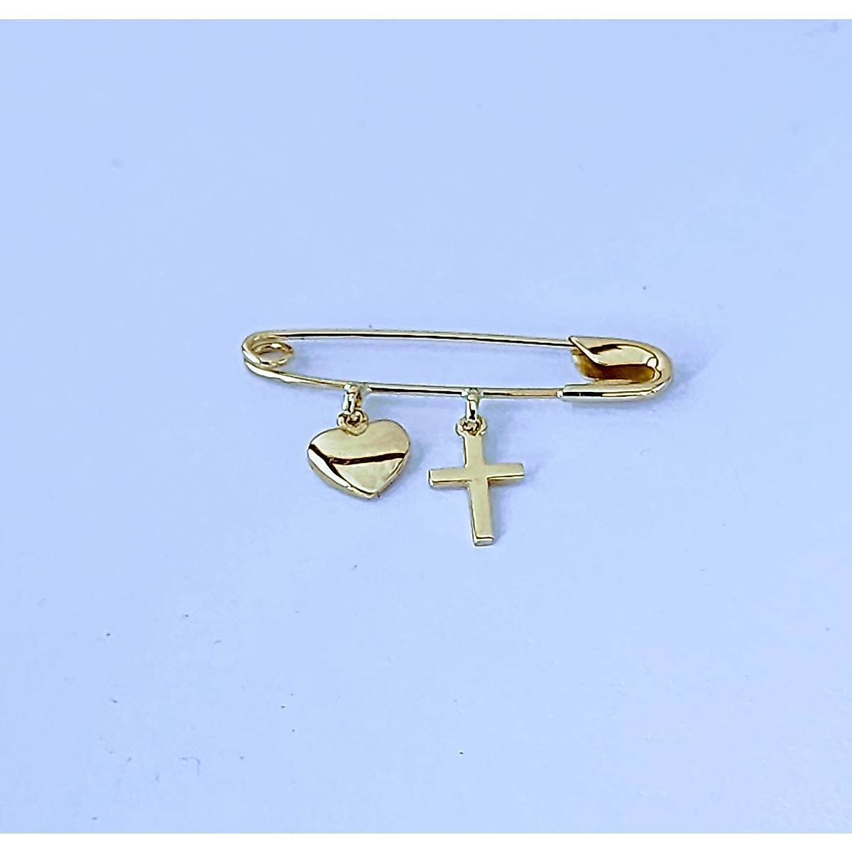 14k. Yellow Gold Baby Safety Pin with Two Charms/Cross & Heart Charms/Christening/Baptism/NOT Gold Filled NOT Gold Plated