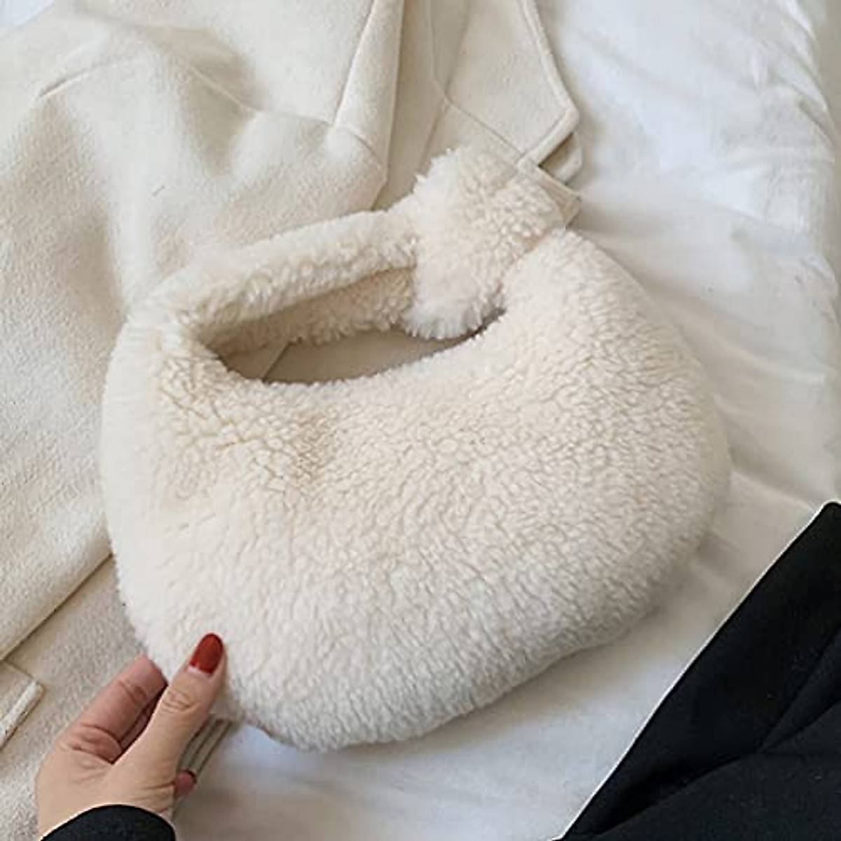 KESYOO Womens Plush Tote Bag Purse Girls Sundries Bag Winter knotted Dumpling Bag White