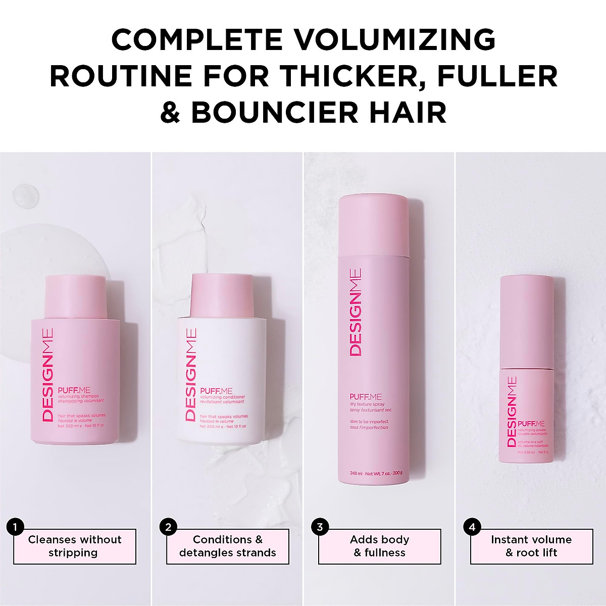 Design.Me PUFF.ME Hair Volumizer Bundle | Volumizing Shampoo, Conditioner, Powder, & Dry Texture Spray for Hair | Sulfate Free Shampoo & Color Conditioner with Styling Powder & Hair Texture Spray