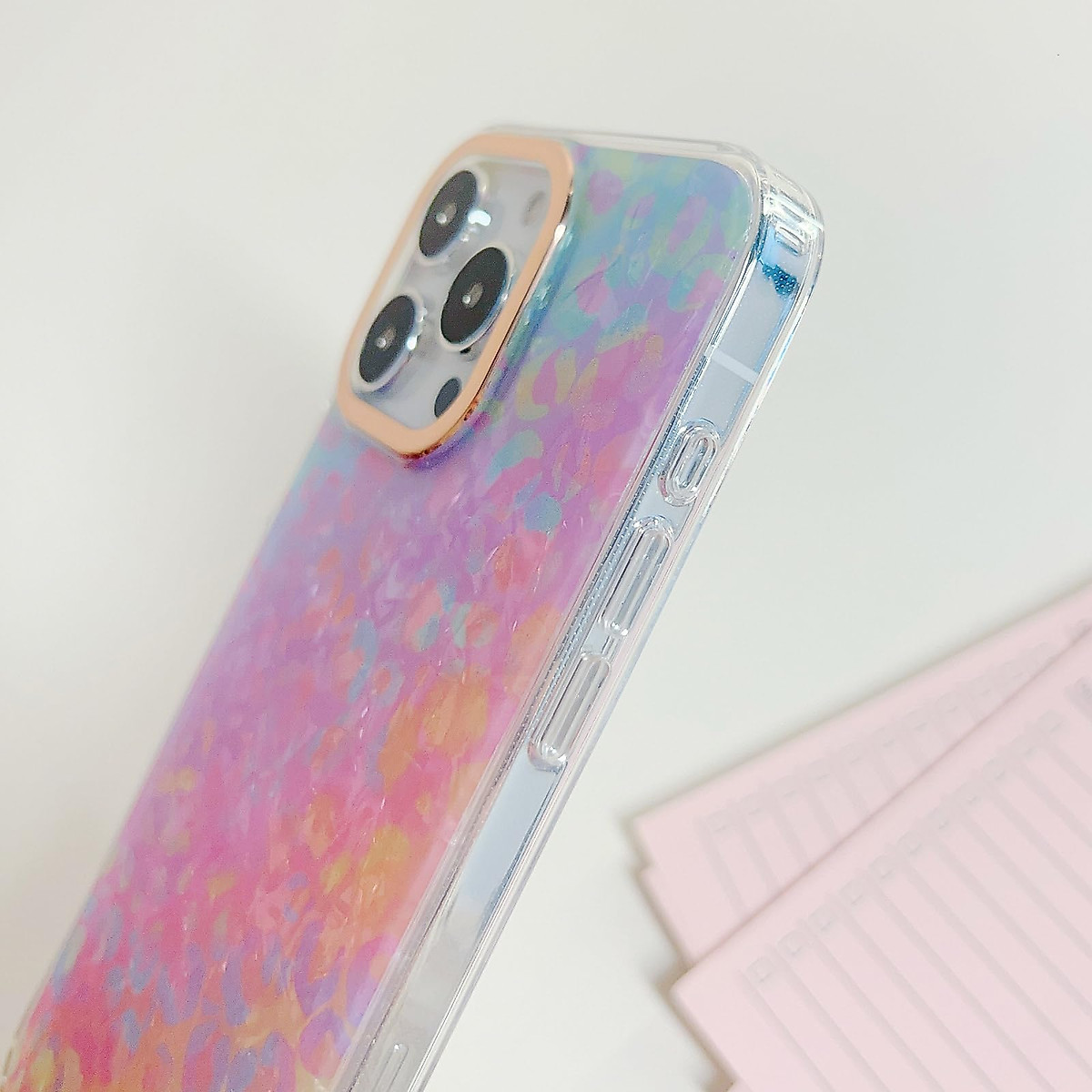 YeLoveHaw for iPhone 15 Pro Max Phone Case for Women Girls, Glitter Pink Purple Leopard Print Pattern, Shiny White Shell Slices, Slim Hard Protective Cover for iPhone 15ProMax 6.7''(Colorful Leopard)