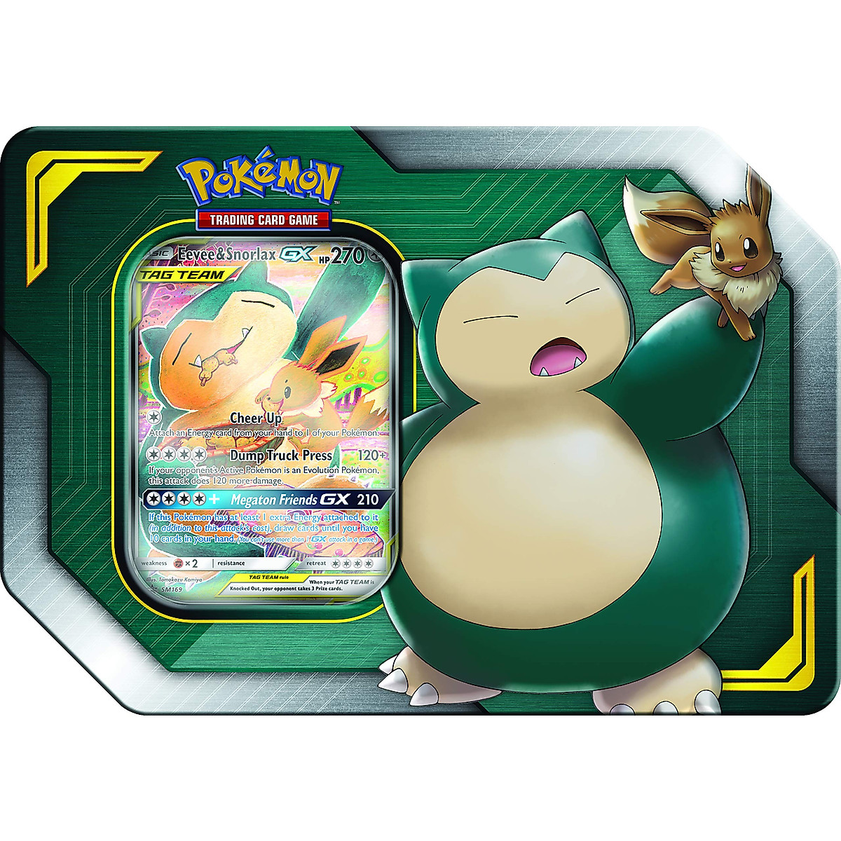 Pokemon Tag Team Tin Snorlax-GX & Eevee- TCG: Sun & Moon Box- 4 Booster Packs | 1 Special Eevee & Snorlax-GX Foil Card | Genuine Cards