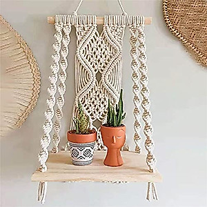 Macrame Wall Hanging Plant Decor Shelf Indoor Outdoor Floating Wood shelve Decorative Hand Made Rope Boho Shelving for Plants