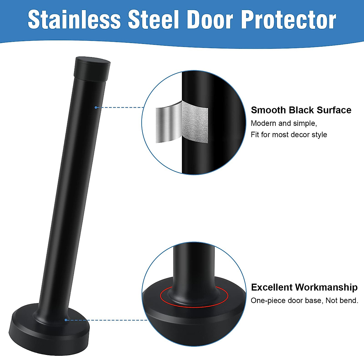 Door Stoppers, Long Door Stop for Bottom of Door, 8 Inch Door Stopper Black Wall Mounted Modern Door Holder with Rubber Bumper Tips Brushed Stainless Steel Soild Long Doorstops