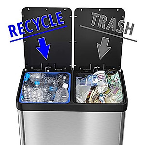 iTouchless 16 Gallon Dual Step Trash Can & Recycle, Stainless Steel Lid and Bin Body with Handle, Includes 2 x 8 Gallon (60L) Removable Buckets are Color-Coded, Soft-close and Airtight Lid, Silver