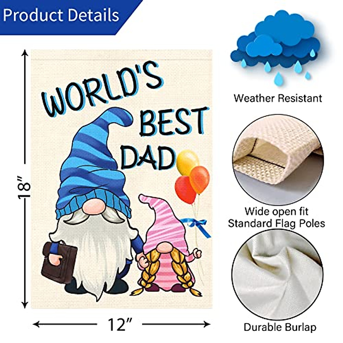 Louise Maelys Happy Father's Day Garden Flag 12x18 Double Sided for Dad, Burlap World's Best Dad Gnome Garden Flags Banners Vertical for Daddy Papa Grandpa Father's Day Outdoor Home Decor (ONLY FLAG)