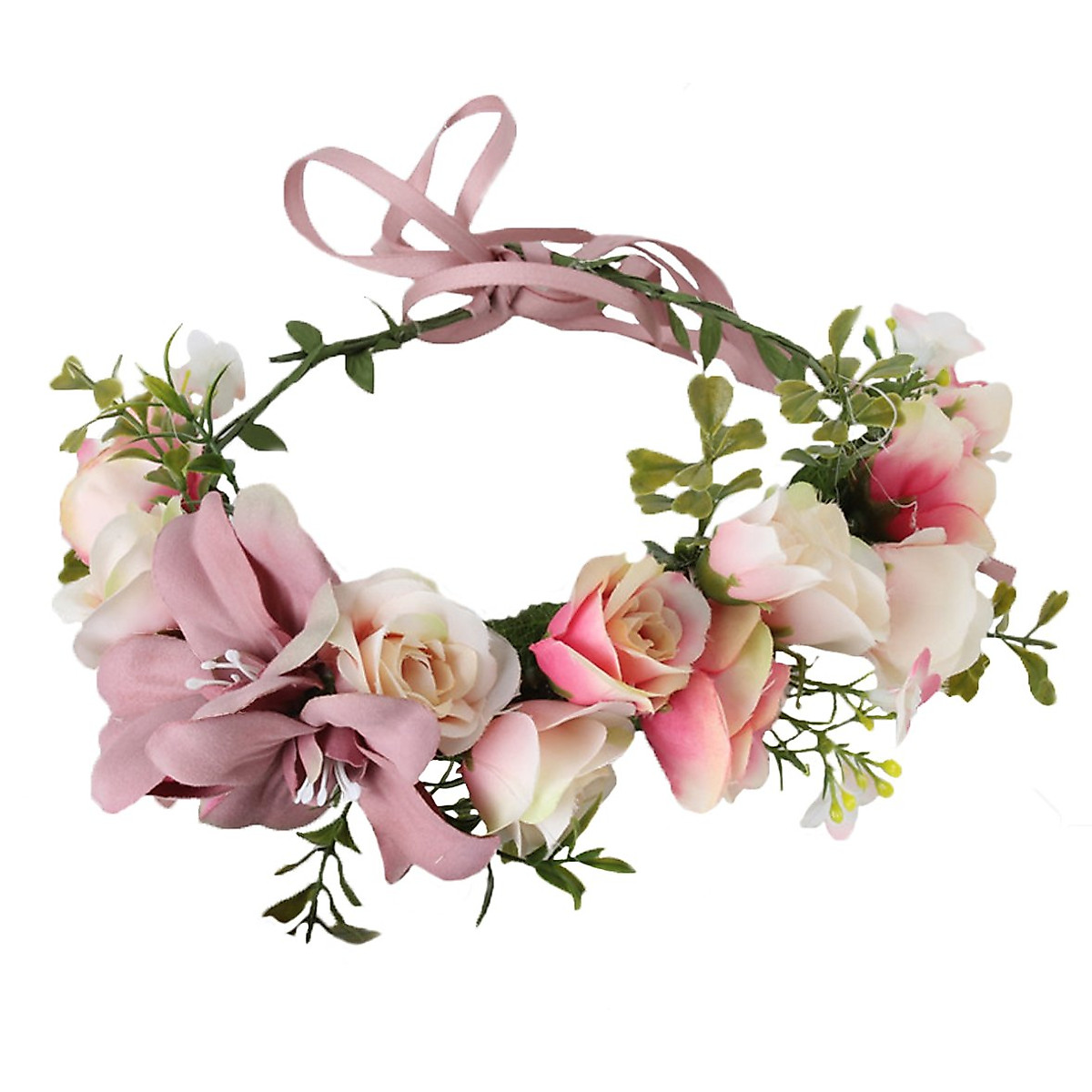 Vivivalue Women Flower Crown Bridal Flower Headband Hair Wreath Floral Headpiece Halo Boho with Ribbon Wedding Party Festival Photos Pink