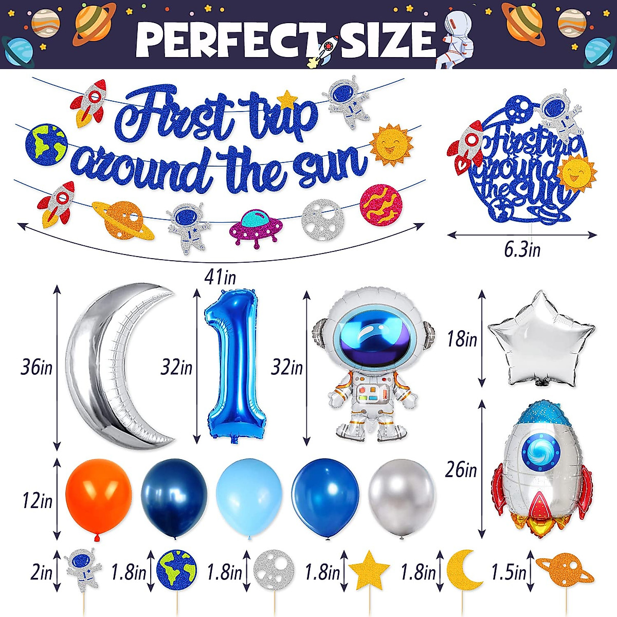 59 PCS First Trip Around The Sun Birthday Decoration First Outer Space Birthday Banner One Year Old Cake Topper Balloon Astronaut Universe Star Plant Rocket Solar System Theme Party Supplies