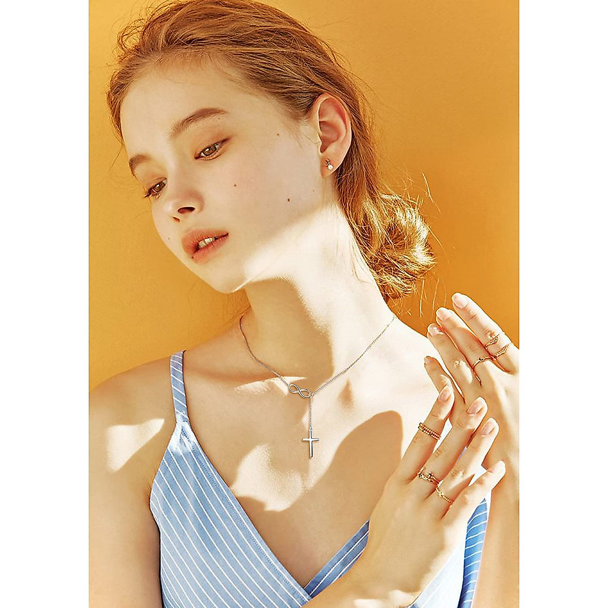 SQKXKLCZ 925 Sterling Silver Infinity Cross Pendant Religious Necklace, Rolo Chain 16''+2''